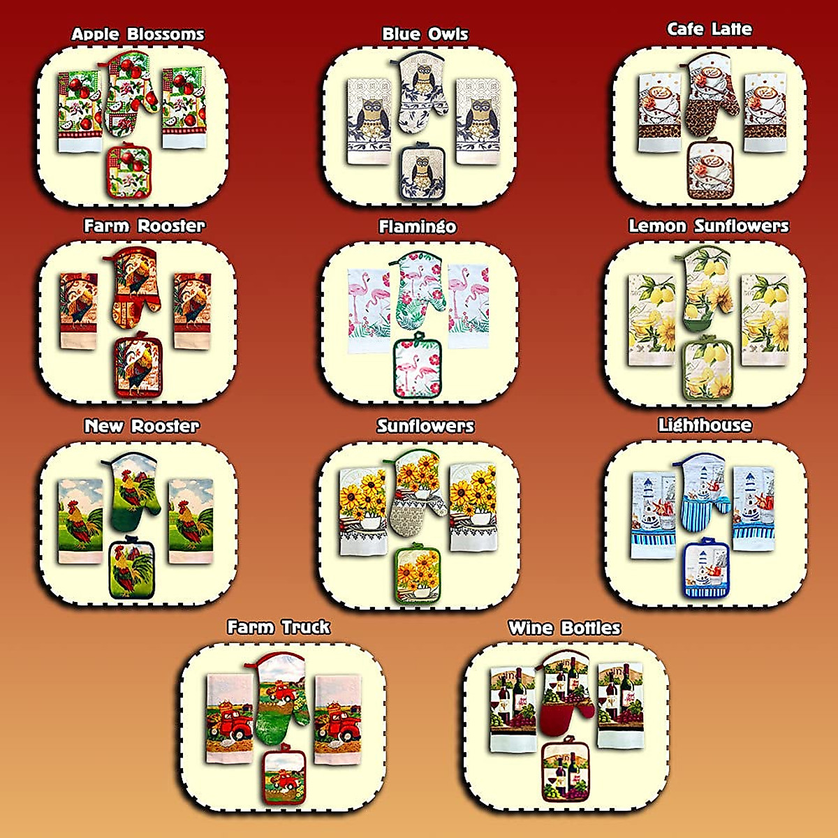 Lobyn Value Packs 4 Pack Kitchen Linens Lightweight Decorative Kitchen Towel Oven Mitt & Potholder (Rooster)