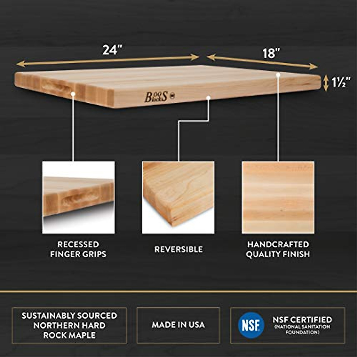John Boos Block R02 Maple Wood Edge Grain Reversible Cutting Board, 24 Inches x 18 Inches x 1.5 Inches