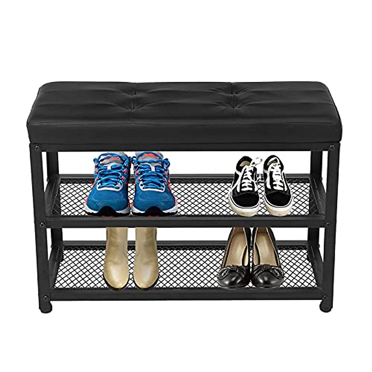 NA with Soft Cushion Stool Three-Layer Shoes Stool Frame 3-Layer Shoe Rack for Entrance PU Leather Metal Frame Suitable for Living Room Corridor 70 × 30 × 45cm Black