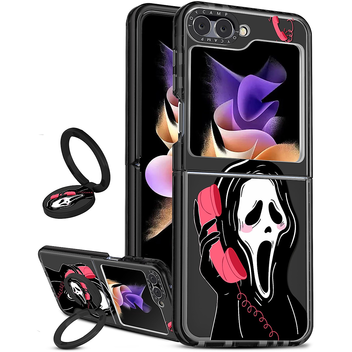 Toycamp for Samsung Galaxy Z Flip 5 Case with Ring Holder, Cute Fun Funny Skull Skeleton Scary Face Designed Shockproof Protective Designer Phone Cases for z flip 5 for Women Girls Boys Teens Kids