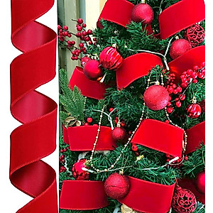 Red Wire Ribbon Velvet 2.5 (2 1/2) Inch Wide Wired-Edge Trim Clearance - Valentines Day Gift Wrapping Bow, Indoor Outdoor Christmas Tree Trimming Bows/Winter Wedding Ribbons Xmas Crafts & Gifts (30)
