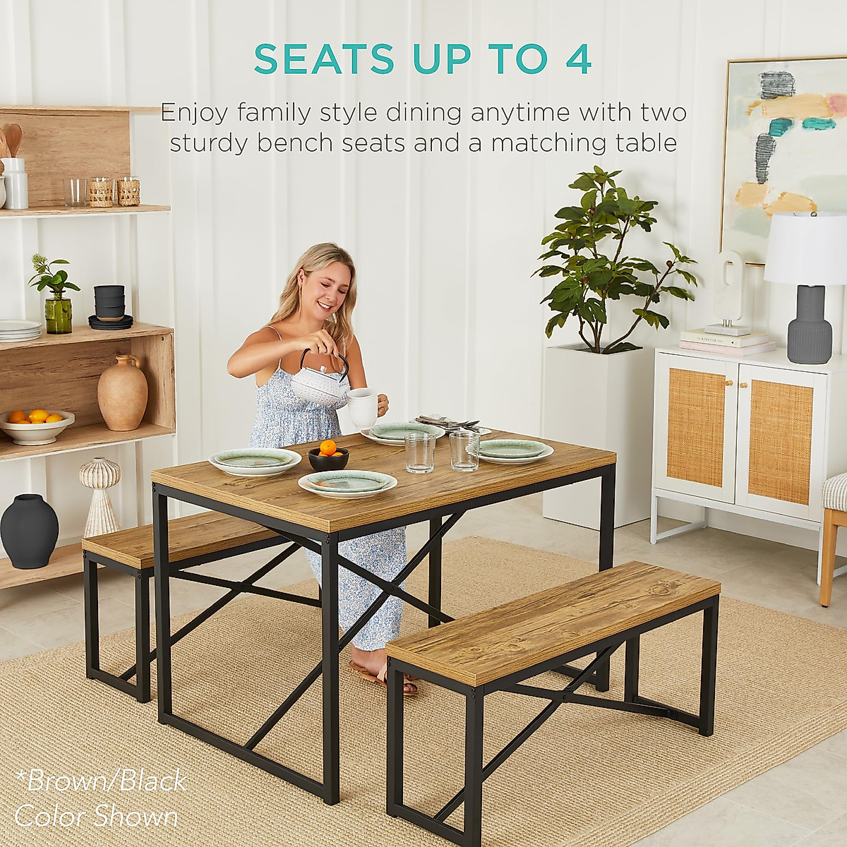 Best Choice Products 45.5in 3-Piece Bench Style Dining Furniture Set, 4-Person Space-Saving Dinette for Kitchen, Dining Room w/ 2 Benches, Table - Oak/White