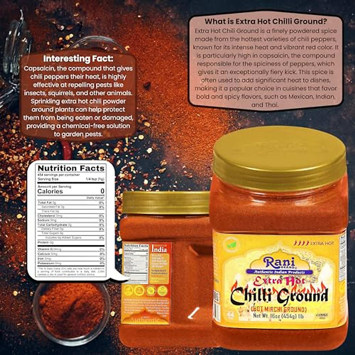 Rani Extra Hot Chilli Powder Indian Spice 16oz (1lb) 454g PET Jar ~ All Natural | Salt-Free | Vegan | No Colors | Gluten Friendly | NON-GMO | Kosher | Indian Origin