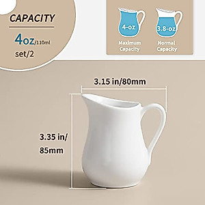 Gurygo 2 Pack 4 Oz Classic White Creamer with Handle - Small Creamer Pitcher Set - Fine Porcelain Small Milk Pitcher - Ceramic Creamer Pitcher for Coffee Milk Sauces Salad, Microwave & Freezer Safe