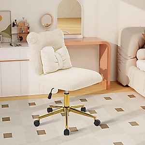 Furnimart Swivel Desk Chair Cute Vanity Chair with Kawaii Backrest & Lumbar Pillow, Armless Comfy Faux Fur Accent Chairs for Bedroom, Makeup Room, Dorm, Teenage Girls (Ivory White)