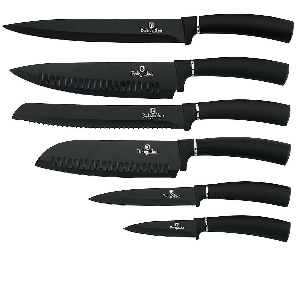 Berlinger Haus Kitchen Knife Set with Block, 7 Piece Knives Set for Kitchen, Elegant Design Cooking Knives with Kitchen Shears, Sharp Cutting Stainless Steel Chef Knife Set with Mobile Stand, Black