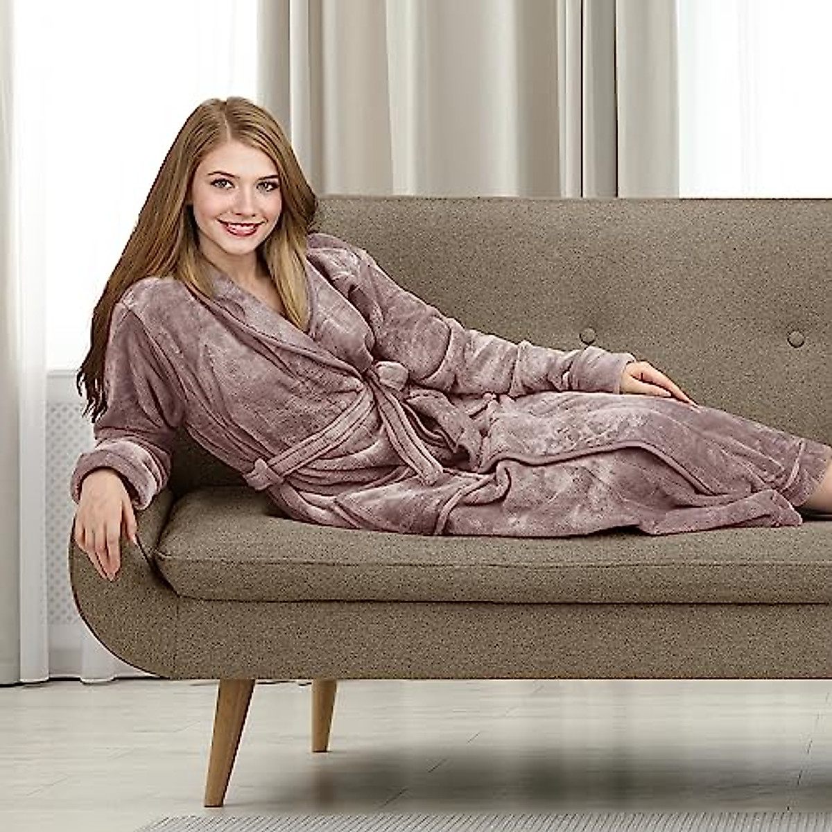 NY Threads Women Fleece Shawl Collar Bathrobe Plush Long Robe, X-Large, Taupe