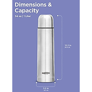 Milton Thermosteel Flip Lid Flask 1000, Double Walled Vacuum Insulated 1000 ml | 34 oz | 1 qt. | 24 Hours Hot and Cold Water Bottle with Cover, 18/8 Stainless Steel, BPA Free, Leak-Proof | Silver