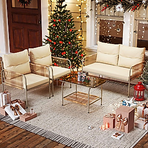 YITAHOME 4 Pieces Patio Furniture Set, Wicker Outdoor Conversation Set, All-Weather Rattan Bistro Set with Loveseat Set, Coffee Table and Cushions for Backyard, Balcony, Deck - Beige