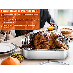 WEZVIX Stainless Steel Roasting Pan with Rack, 16.5 Inch Rectangular Turkey Roaster Lasagna Pan for Roasting Turkey, Chicken, Meat & Vegetables, Non-toxic & Heavy Duty, Easy Clean & Dishwasher Safe