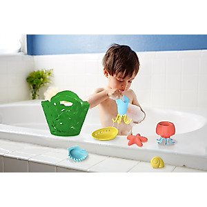 Green Toys Tide Pool Bath Set - 7 Piece Pretend Play, Motor Skills, Kids Bath Toy Floating Pouring Shells with Storage Bag. No BPA, phthalates, PVC. Dishwasher Safe, Recycled Plastic, Made in USA.