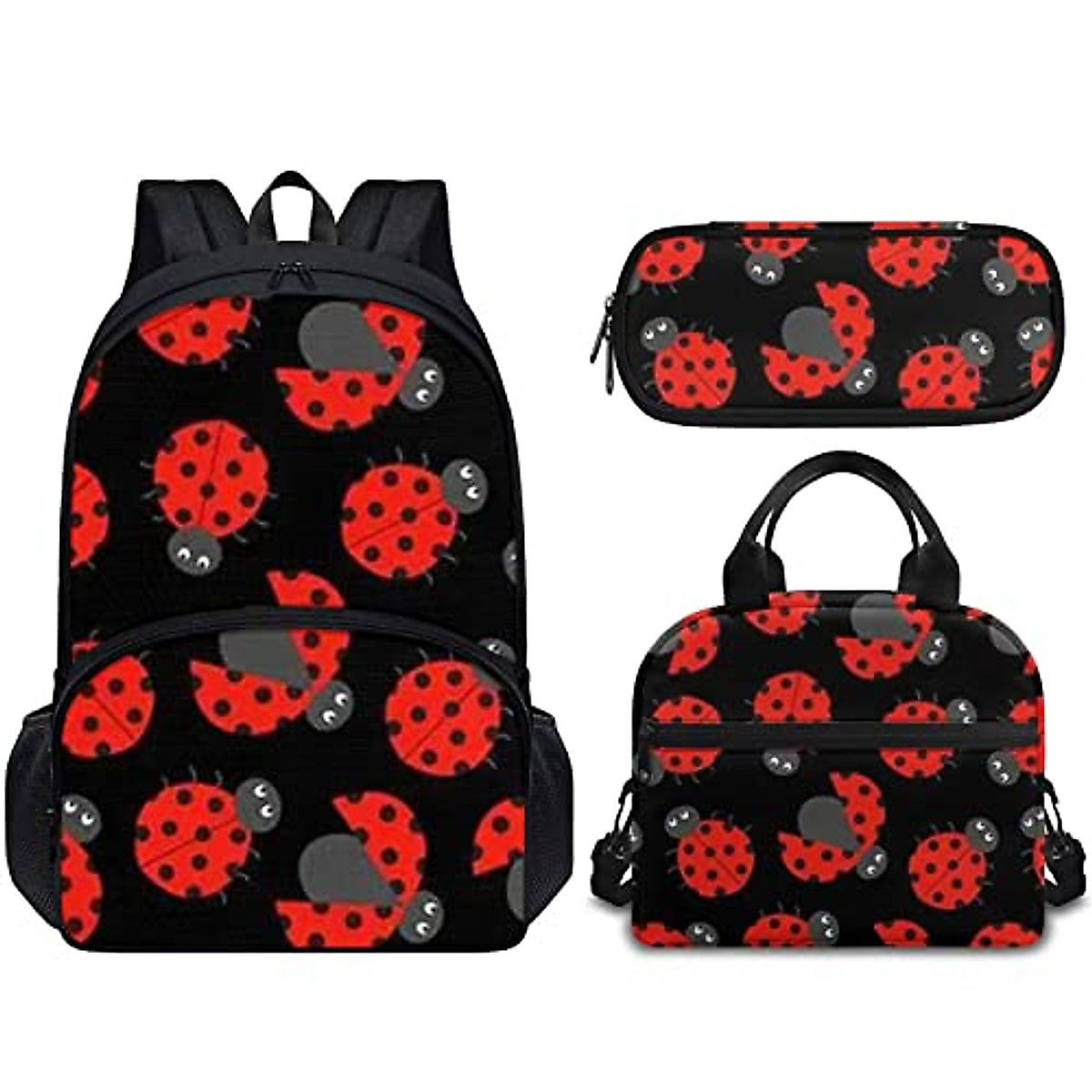 Forchrinse 3Piece Ladybug Backpack for Girls Kids Elementary Middle School Backpack Bookbag with Lunch Box Pencil Bag