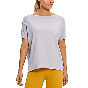 CRZ YOGA Women's Pima Cotton Short Sleeve Shirts Boat Neck Loose Fit Gym Workout T-Shirt Athletic Casual Tops Iced Iris Medium