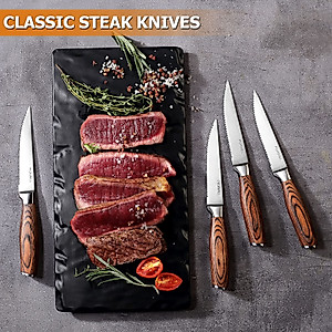 PICKWILL Steak Knives, Serrated Steak Knives Set of 4, Ergonomic Wood Handle, 4.5 Inch High Carbon Stainless Steel Dinner Knives with Gift Box