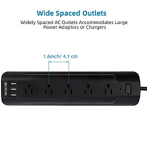 Power Strip 2 Prong , 2 Prong to 3 Prong 5-Outlet Adapter with 3 USB Ports 6.6 Ft Extension Cord, Outlet USB Charger Multi Port, 5V 3.4A USB, Ideal for Non-Grounded Outlets