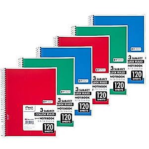 Mead Spiral Notebook, College Ruled, 3 Subject, 120 Sheets, 10.5" x 8", Assorted Colors, 6 Pack