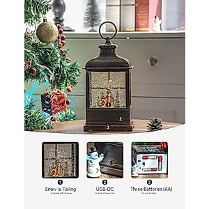 10.5" Christmas Snow Globe Lantern, Music Box, Rotating Snowflake Glitter Water Light with Timer, USB and Battery Powered Decoration (Church Christmas Tree)