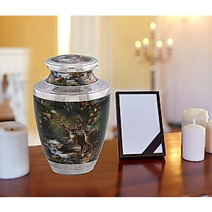 Forest Deer Cremation Urn, Handcrafted Metal Urn for Human Ashes, Adult Cremation Urn with Velvet Bag