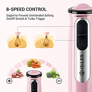 Immersion Hand Blender, ISILER 5-in-1 500-Watt Multi-Purpose Stick Blender with 860ml Food Chopper, 600ml Container, Milk Frother, Egg Whisk, 8-Speed for Puree Infant Food Smoothies Soups Pink
