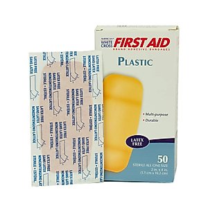 American White Cross 261846 First Aid Plastic Adhesive Bandages, Latex Free Bandages, Large Strips, 2" Width, 4" Length, Pack of 50