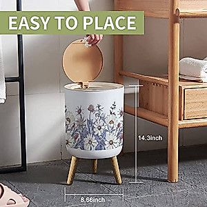 Small Trash Can with Lid floral seamless border Flower Seamless with white flowers blue leaves Garbage Bin Wood Waste Bin Press Cover Round Wastebasket for Bathroom Bedroom Diaper Office Kitchen