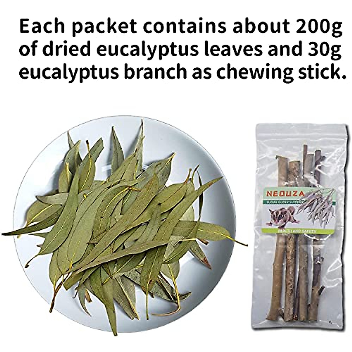 NEOUZA Sugar Glider Small Animal Bedding, Chew Treats, Molar Toys, 200g Natural Dried Eucalyptus Leaves and Twigs (200g Eucalyptus Leaves)