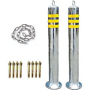 CAIMIAO 2X Stainless Steel Parking Bollard Road Pile and 3M Chain,Anti-Collision Bollard Post with Hangings and Reflective Tape,Easy Install Dedicated Parking Space Lock