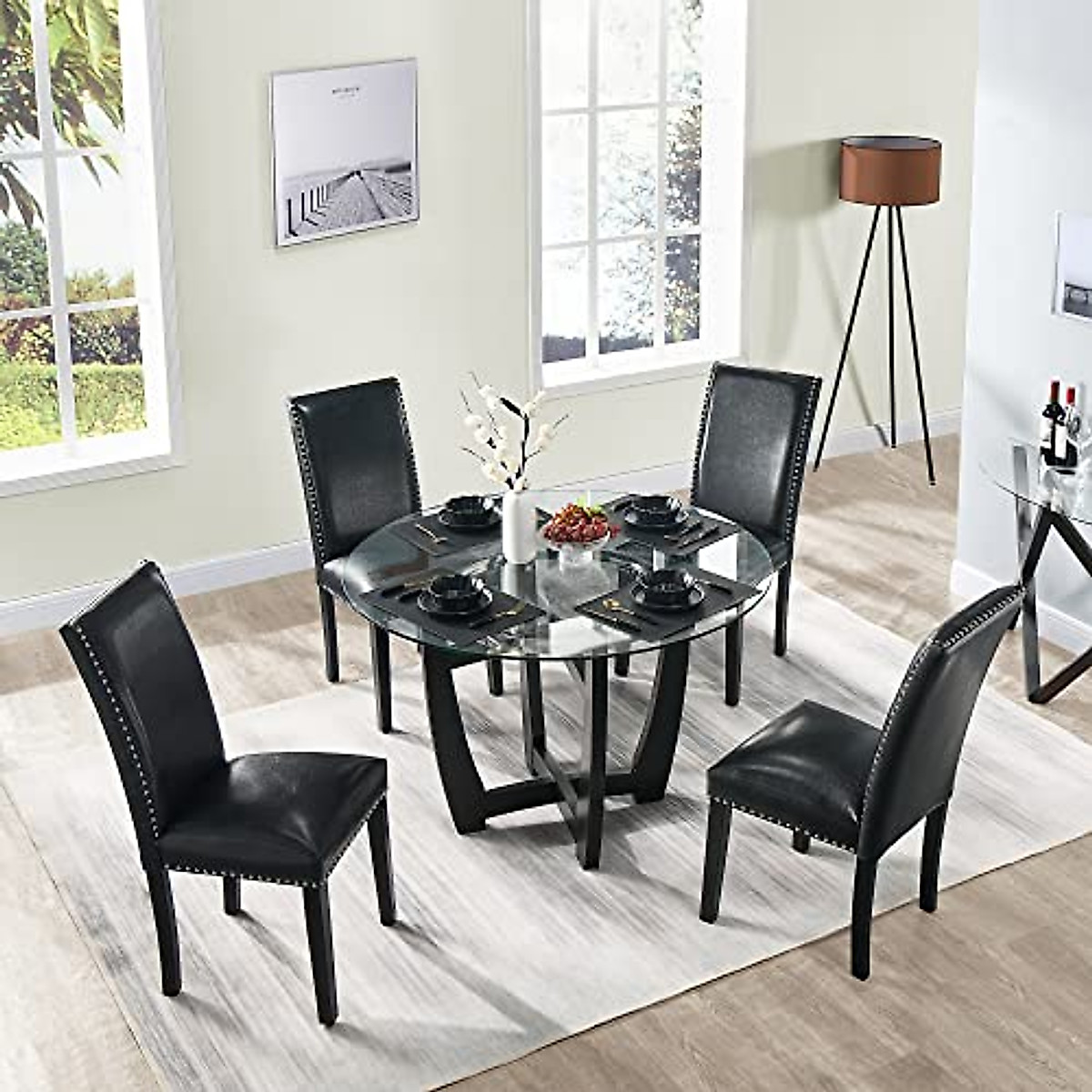 MODERION Parsons Dinning Chairs Set of 2 with Nail-Heads Trim, Faux Leather Kitchen Accent Side Upholstered Seat, Solid Wood Legs, 39'' x 25'' x 19'', Holds Up to 300 Lbs, Assembly Black, CY-1122-BK