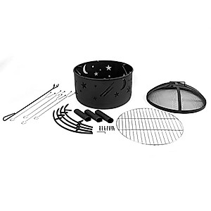BIRDROCK HOME 30" Round Patio Fire Pit with Cover - Stars & Moon Pattern - 30 - Outdoor Backyard Lawn Garden - Light Weight Metal Fire Ring - 4 Roasting Sticks - Lid Lift Tool and Fire Poker