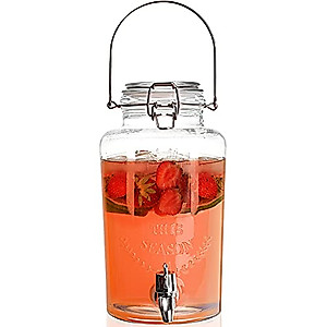 DEAYOU Glass Beverage Dispenser with Spigot, Cold Drink Ice Tea Dispenser with Trigger Clamp Locking Lid, Glass Mason Jar Lemonade Liquid Pitcher with Spout for Party, Fridge, Juice, Beer, 0.8 Gallon