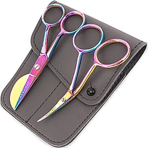MAKER AND MARKET Small Embroidery 4.5 Inch Scissors Set of 2 Kit - Mini Double Bend Offset Duckbill and Double Bend Long Applique Needlepoint Blade with Pouch Sleeve (Rainbow)