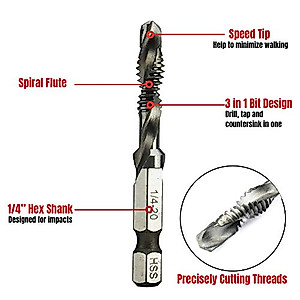 NORTOOLS Drill Tap HSS Combination Drill and Tap Set with 1/4 Inch Quick Change Adapter,6-32 to 1/4-20 Screw Tapping bit Tool