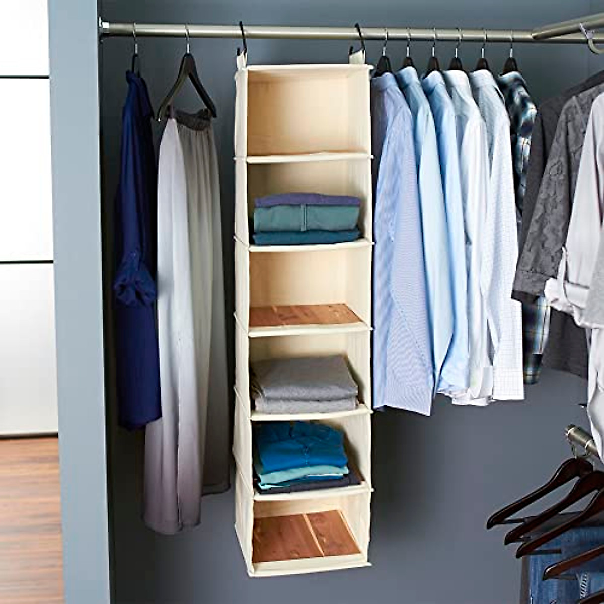 Household Essentials Cedarline 6-Shelf Hanging Closet Organizer, Heavy-Duty Cotton Canvas, Breathable, Versatile, Compact, Perfect for Rod or Wire Closets, Natural