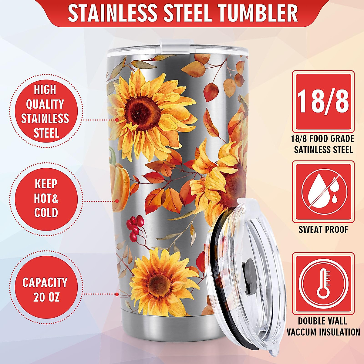 Whaline Fall Watercolor Sunflower Tumbler Stainless Steel Wine Tumbler with Straw and Cleaning Brush Autumn Thanksgiving Coffee Mug Cup for Women Girlfriend Besties Wife Lover Spouse Squash Gifts,1Pcs