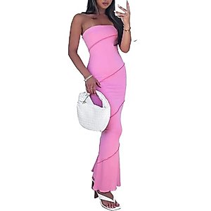 Women Sexy Strapless Maxi Tube Dress Off Shoulder Bodycon Long Dress Cut Out Open Back Party Dress Y2K Clubwear