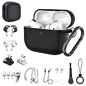 Airpods Pro Case, 15 in 1 Airpod pro Accessories Set Kit, Silicone Anti-Lost Straps/Watch Band Holder/Ear Hooks/Storage Box/Ear Tips/Keychainfor Apple Airpods Pro Charging Case Cover Skin (Black)