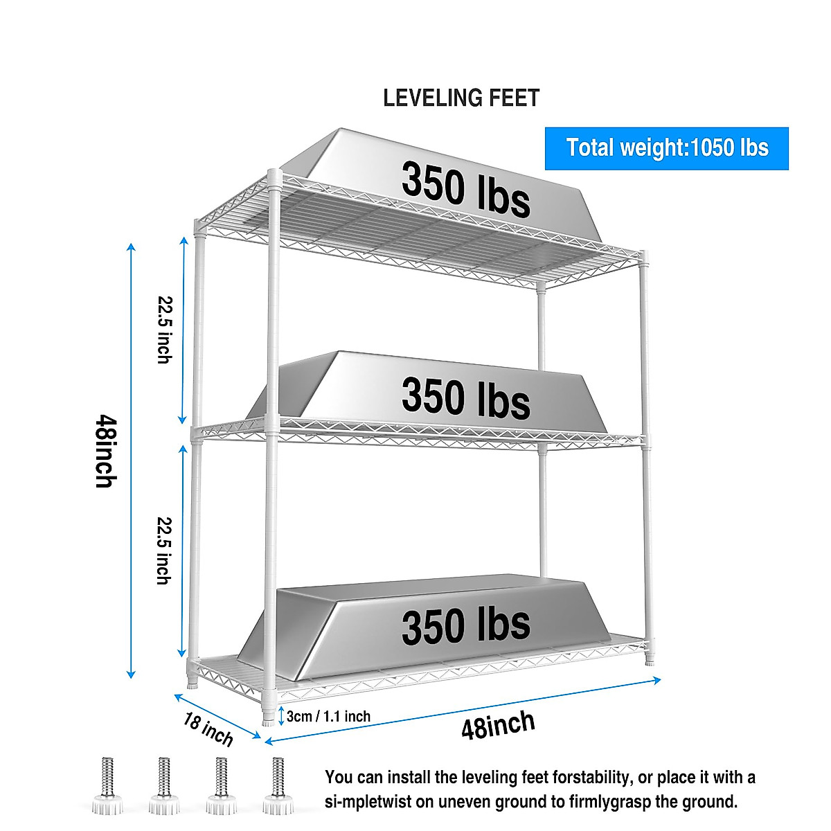 Ufurpie 3 Tier Wire Shelving Unit, NSF Metal Shelf 1050lbs Capacity Adjustable Shelves Organizer Rack with Shelf Liners for Home Kitchen Office Garage Bedroom Basement, 48" H x 48" L x 18" D
