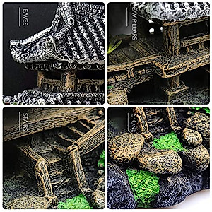 Classical Temple Aquarium Decorations Asian Castle Thematic Safe Resin Ornaments with Plastic Plants Small Fish House Hideout Decor Hiding Places for Freshwater and Saltwater Fish Tank Accessories