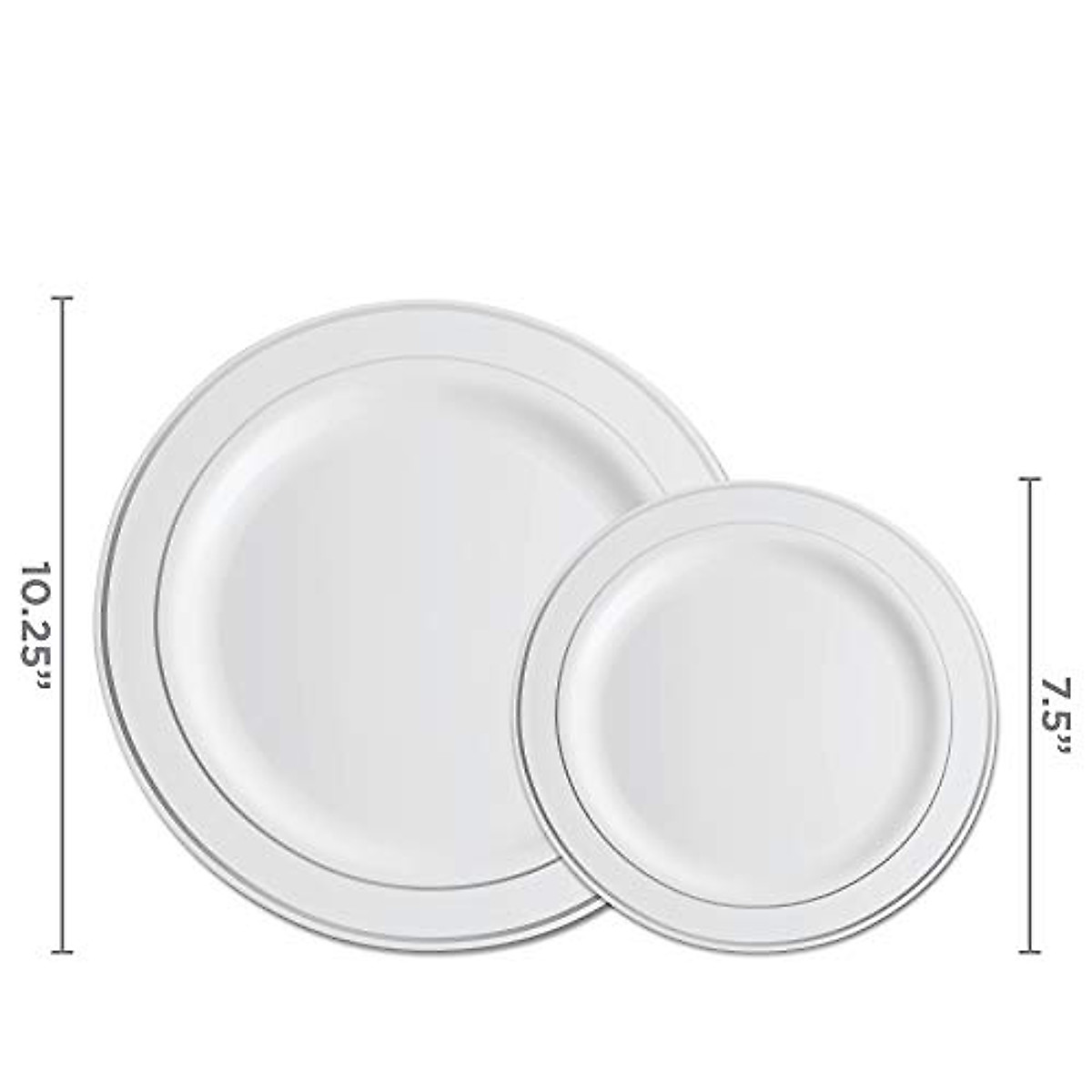 100 Piece Plastic Party Plates White Silver Rim, 50 Premium Heavy Duty 10.25 Inch Dinner and Disposable 7.5 Dessert Appetizer Elegant Fancy Wedding