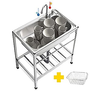 304 Stainless Steel Kitchen Sink Freestanding Utility Sink with Cold and Hot Water Pipe W27.95”x D18.5”x H29.5”