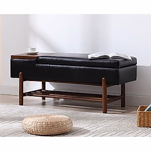 Shunzhi Modern Entryway Bench Upholstered Flip-Top Shoe Storage Bench Sherpa Ottoman Bench End of Bed Bench with Wood Frame/Shelf for Living Room/Bedroom/Hallway,46.5 Inches,PU,Black