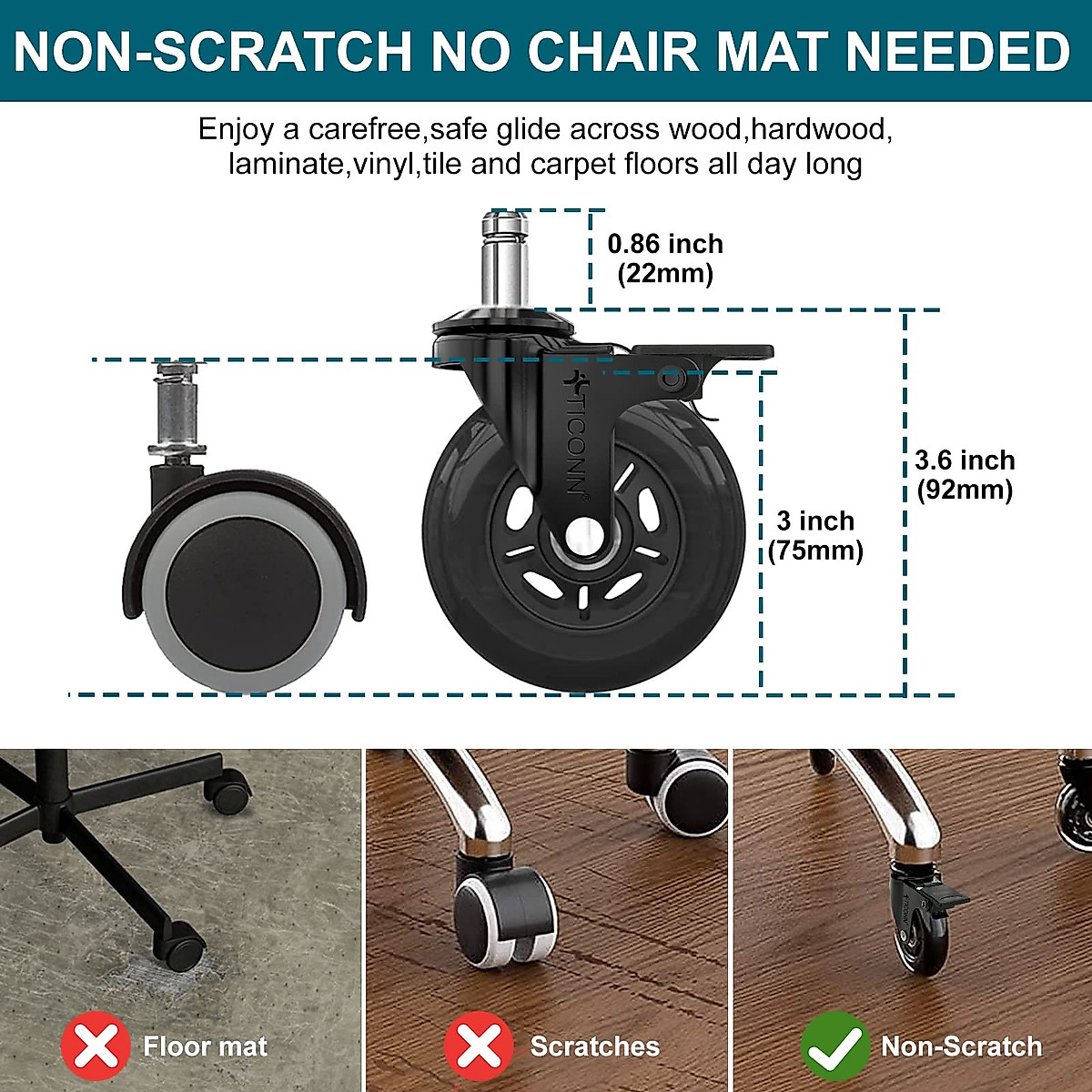 TICONN Office Chair Caster Wheels Set of with Brake 5 for Tile, Hardwood Floors and Carpets, Universal Fit for Most Chairs (Black with Brake)