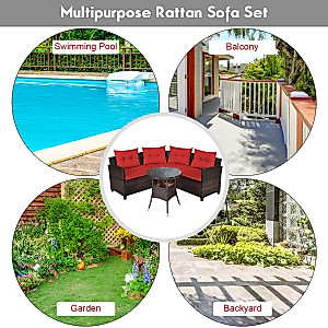 Tangkula 4-Piece Patio Furniture Set, C-Shape Outdoor Wicker Sectional Sofa Set, w/Cushions & Glass Coffee Table, Modern Deck Rattan Furniture for Garden Poolside Balcony (Red)