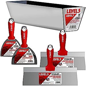 Drywall Hand Tool Kit, Stainless Steel - LEVEL5 | Joint/Taping Knives + 14" Mud Pan | Soft-Grip Handles | Pro-Grade | 5-600