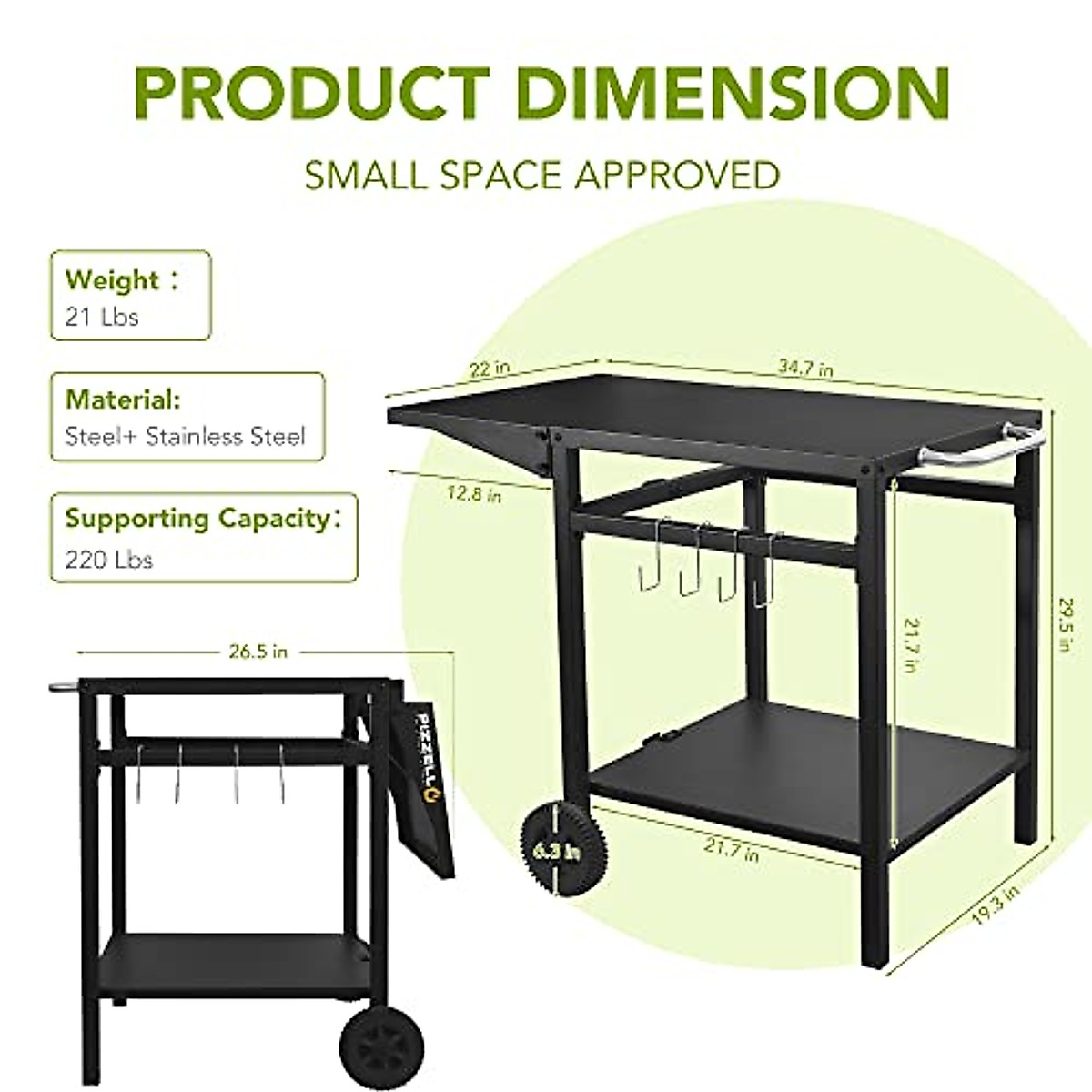 PIZZELLO Outdoor Grill Dining Cart Movable Pizza Oven Trolley BBQ Stand Double -Shelf Outdoor Worktable with 2 Wheels and 4 Hooks