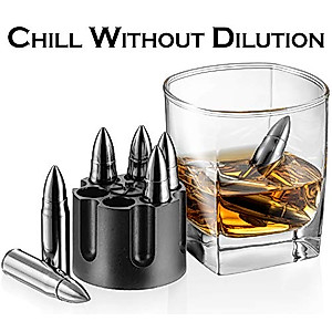 Whiskey Stone Bullets Gift Set - Stainless Steel Bullet Shaped Whiskey Stones with Revolver Freezer Base, Reusable Bullet Ice Cube for Whiskey Gift Set for Men, Dad, Husband, Boyfriend(Silver)