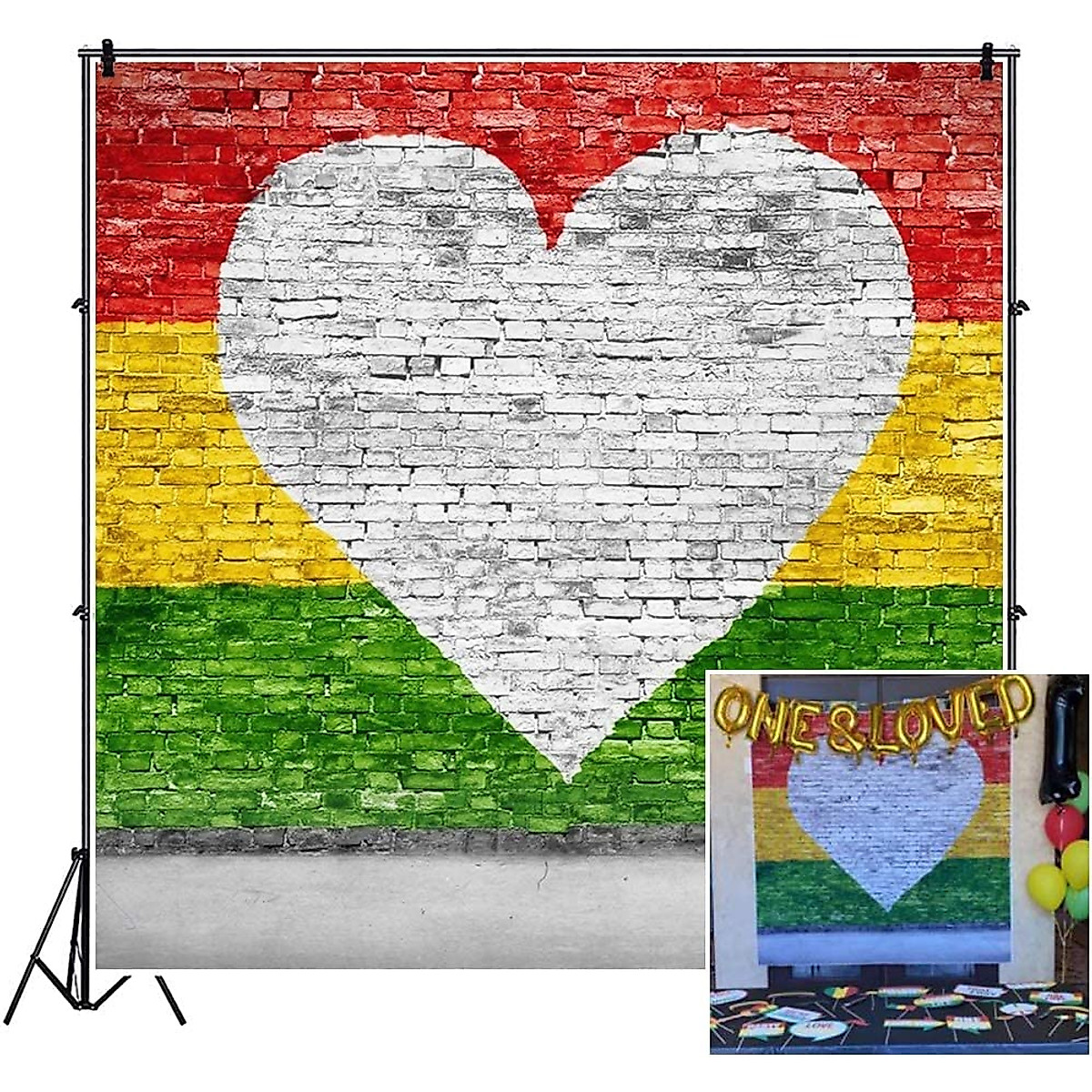 CSFOTO Polyester 4x4ft Brick Wall Love Reggae Backdrop Juneteenth Decorations for Party White Heart Yellow Green Red Striped Painted Wall One Love Birthday Party Background One Love Backdrop