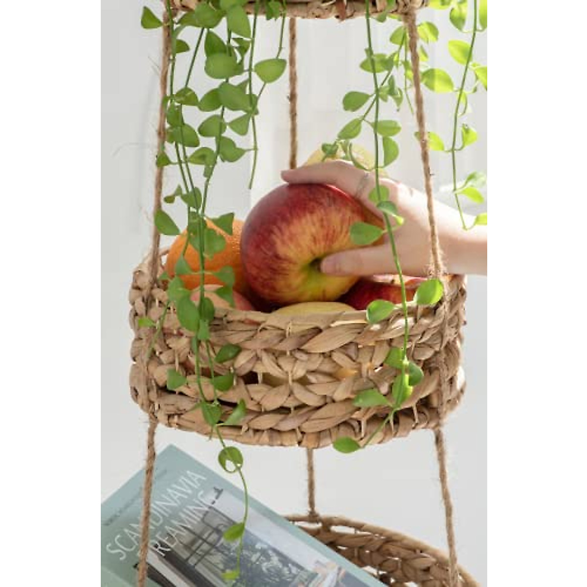 Hanging Fruit Basket Handmade Woven Hanging Basket Kitchen Storage. 3-Tier Fruit Baskets for Produce. Boho Hanging Planter Baskets - Kitchen Produce Storage Eco Friendly Organizer Heavy Duty