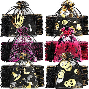 Chumia 210 Pcs Halloween Organza Bag 4 x 6 Inches Mixed Color Small Drawstring Bags Halloween Candy Bags Gift Pouch for Trick or Treat Halloween Party Favors Supplies, 6 Styles