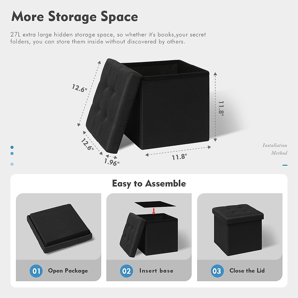 B FSOBEIIALEO Storage Ottoman Cube, Storage Chest Folding Foot Rest Seat, Linen Black 12.6"X12.6"X12.6" (2 Pack)